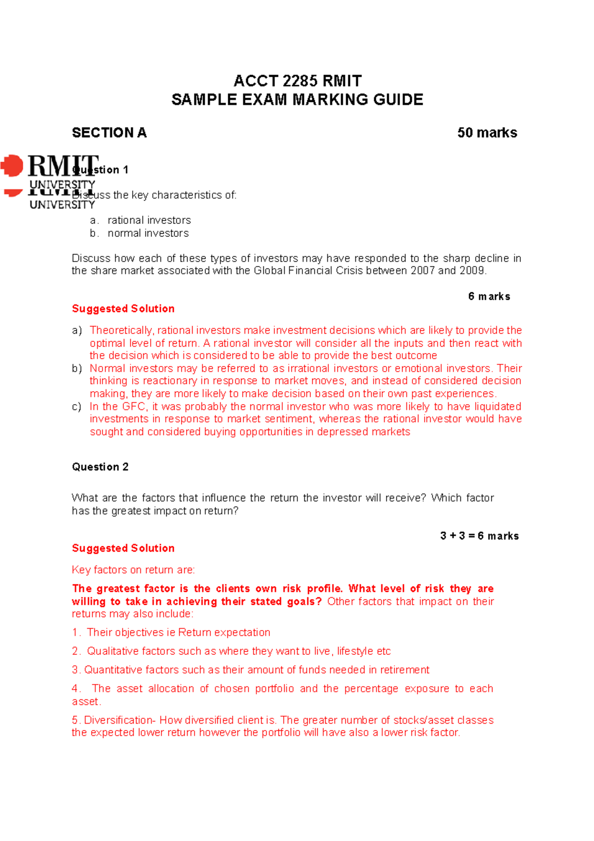 Sample Exam Marking guide ACCT2285 Revised Sample-1 - ACCT 2285 RMIT ...