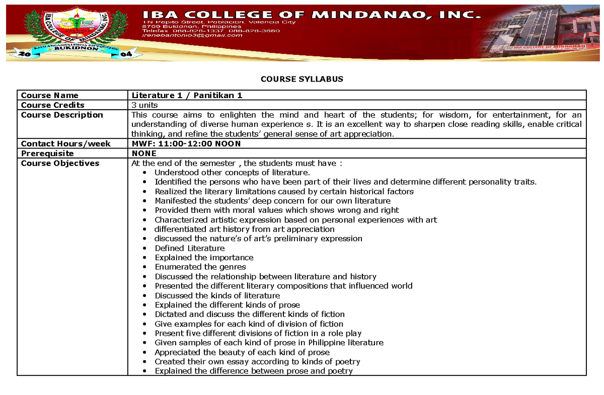Literature 1 Course Syllabus Course Syllabus Course Name Literature 1 Panitikan 1 Course 