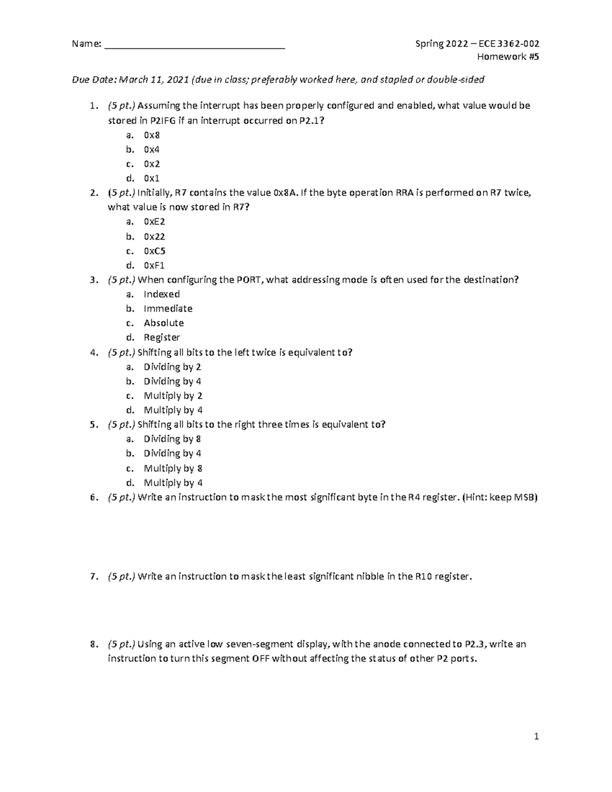 Homework 5 - Name: _________________________________ Spring 2022 – ECE ...