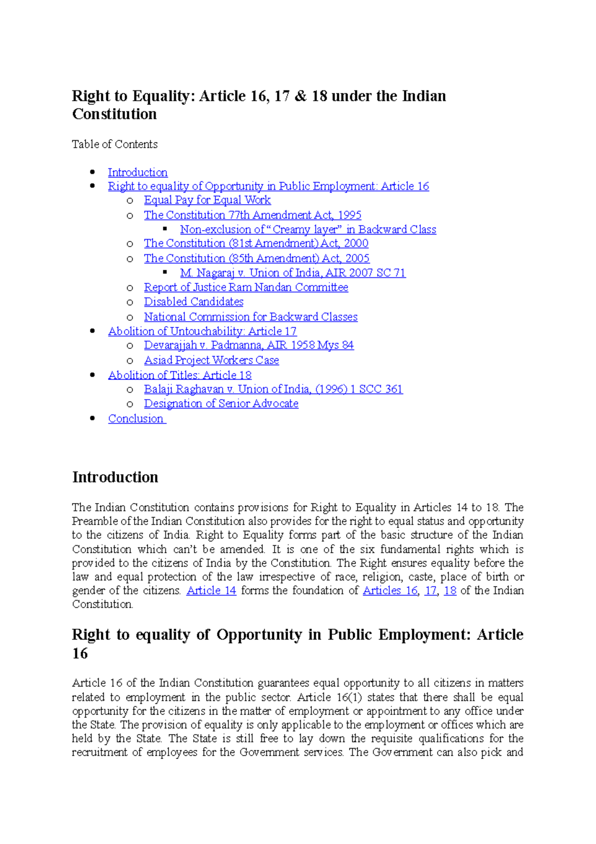 Art 16 Equality, 17 Untouchability & 18 - Right to Equality: Article 16 ...