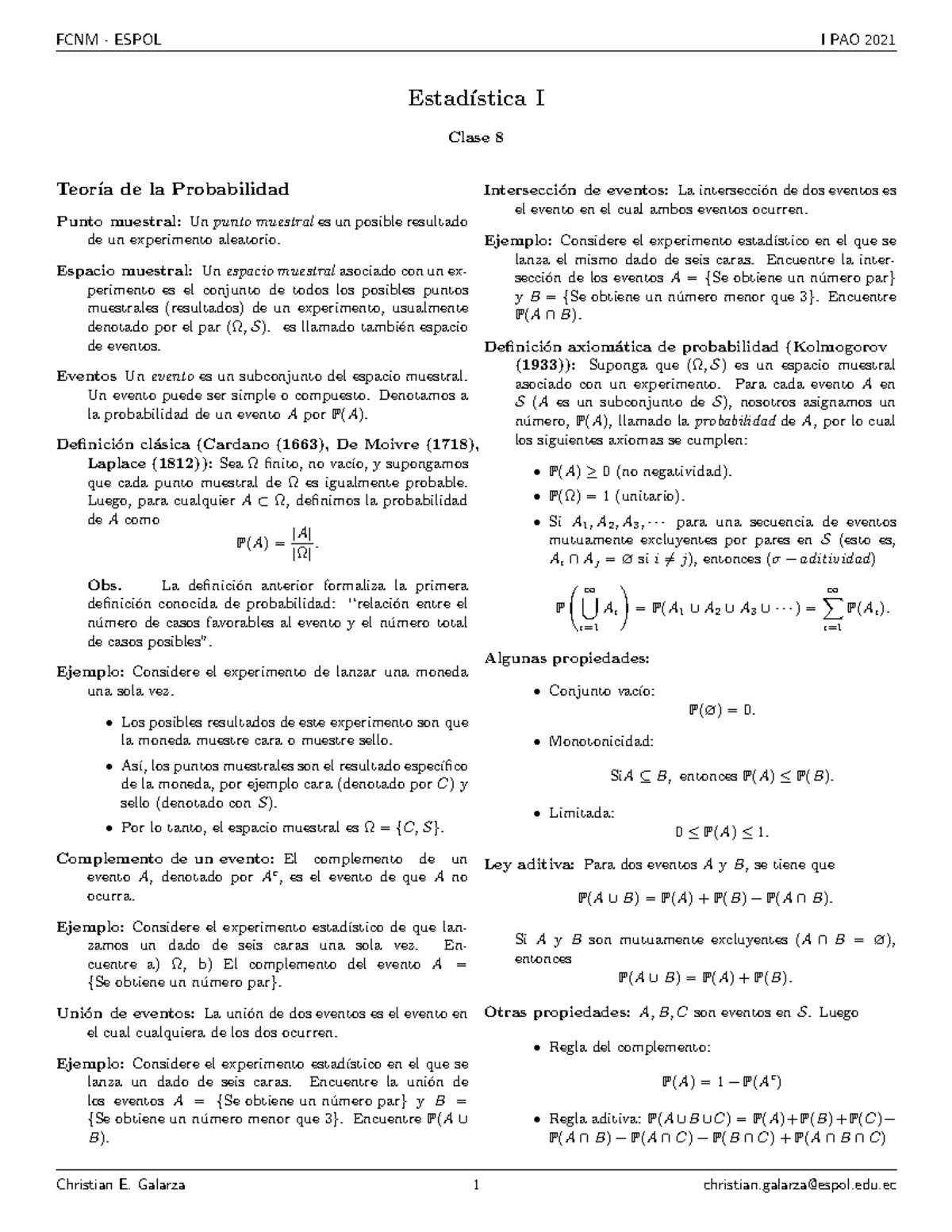 Clase 08 Est1 Christian Galarza 2021 - FCNM - ESPOL I PAO 2021 Estad ́ıstica I Clase 8 Teor ́ıa ...
