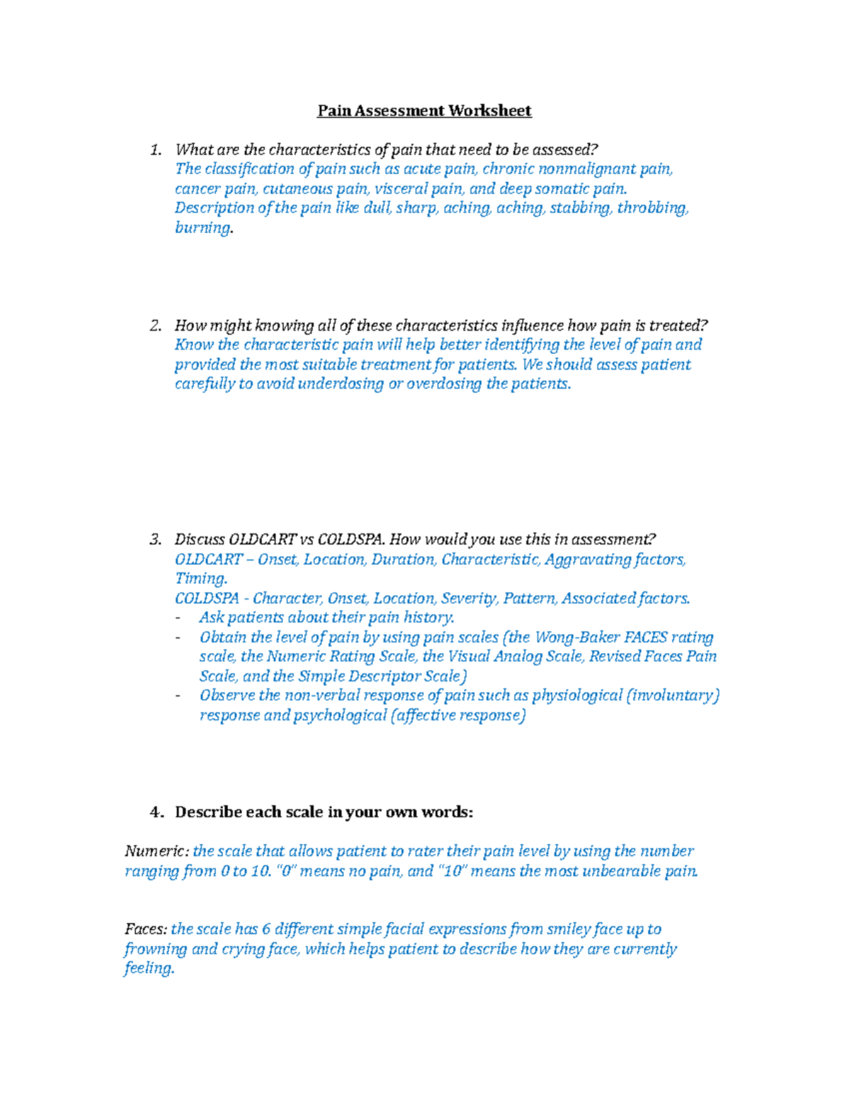 Pain worksheet - Pain Assessment Worksheet What are the characteristics ...