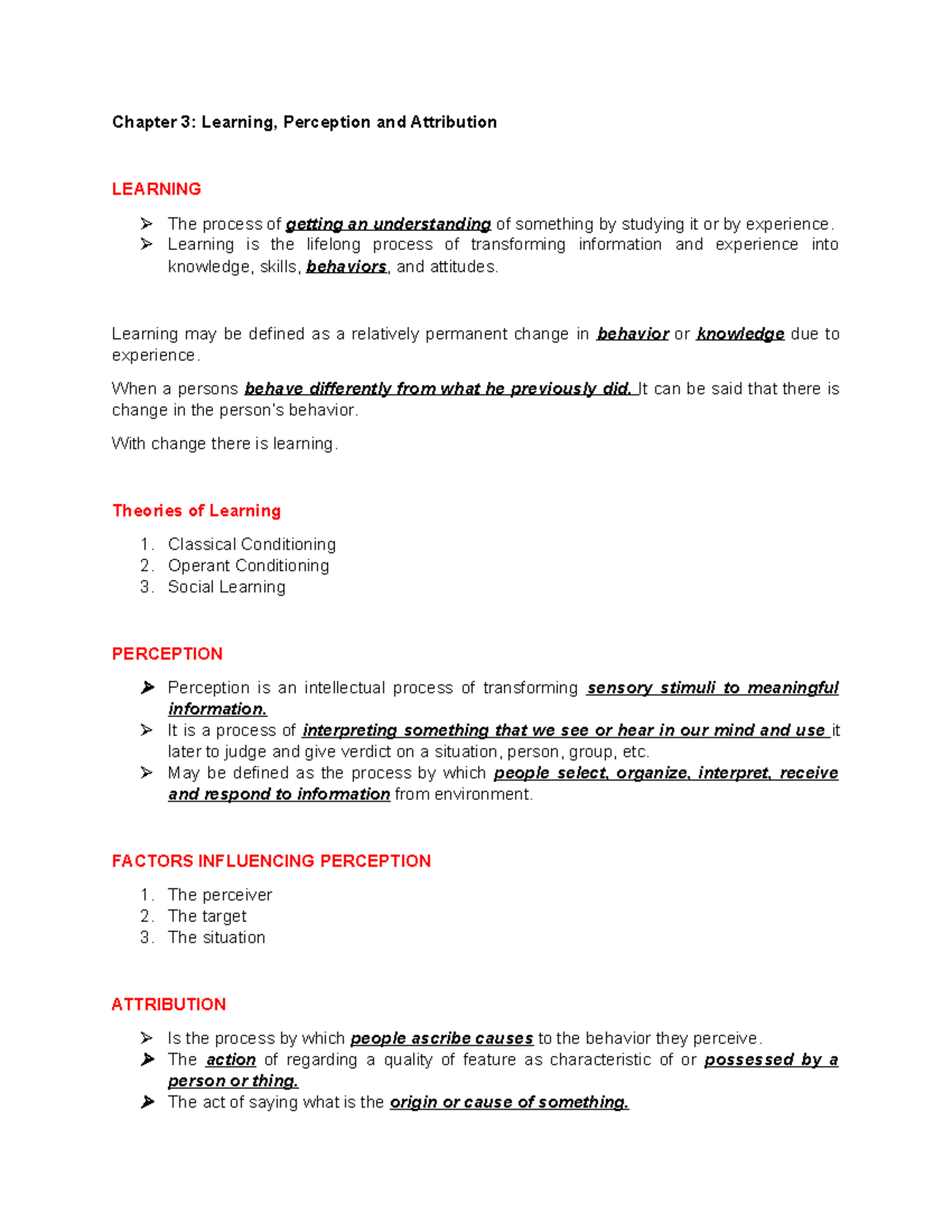 HBO Chapter 3 - Fact sheet - Chapter 3: Learning, Perception and Attribution LEARNING The ...