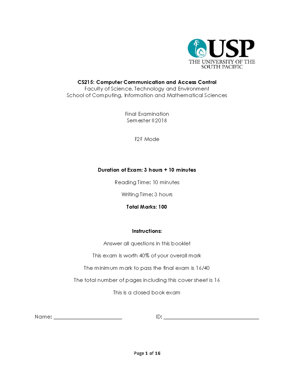 Exam 2 November 2018, questions - CS215: Computer Communication and Access Control Faculty of ...