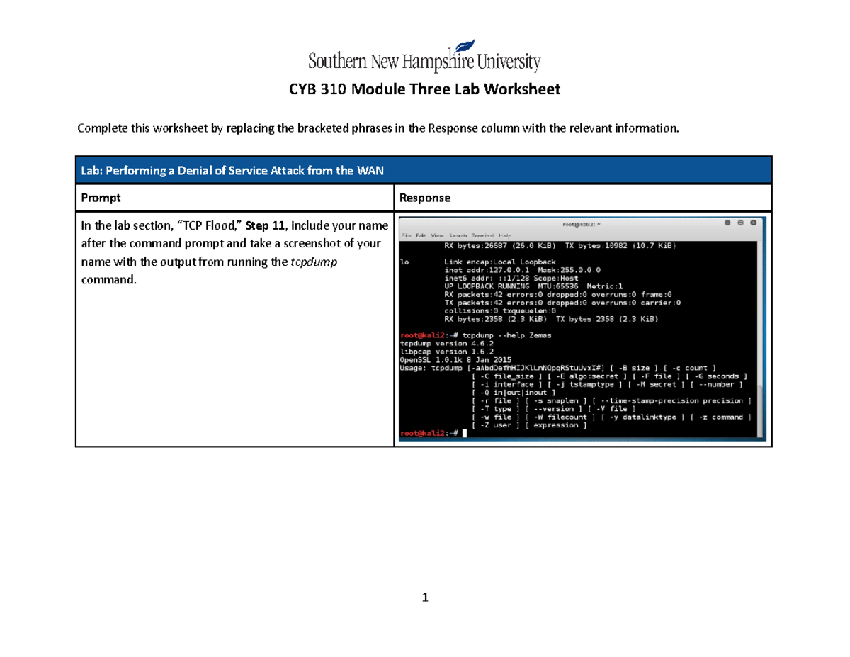 CYB 310 Module Three Lab Worksheet Zemas Howard - CYB 310 Module Three ...