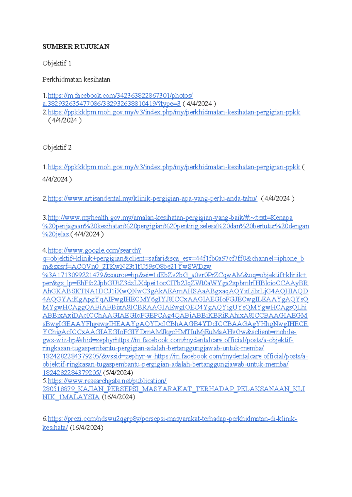 Sumber Rujukan - SUMBER RUJUKAN Objektif 1 Perkhidmatan kesihatan - Studocu