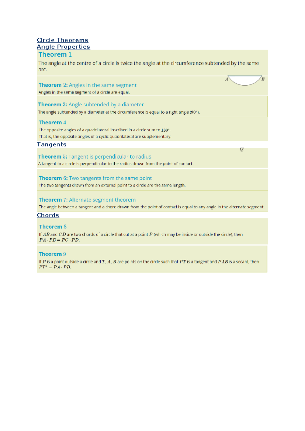 Circle Theorems Document - Circle Theorems Angle Properties Tangents ...