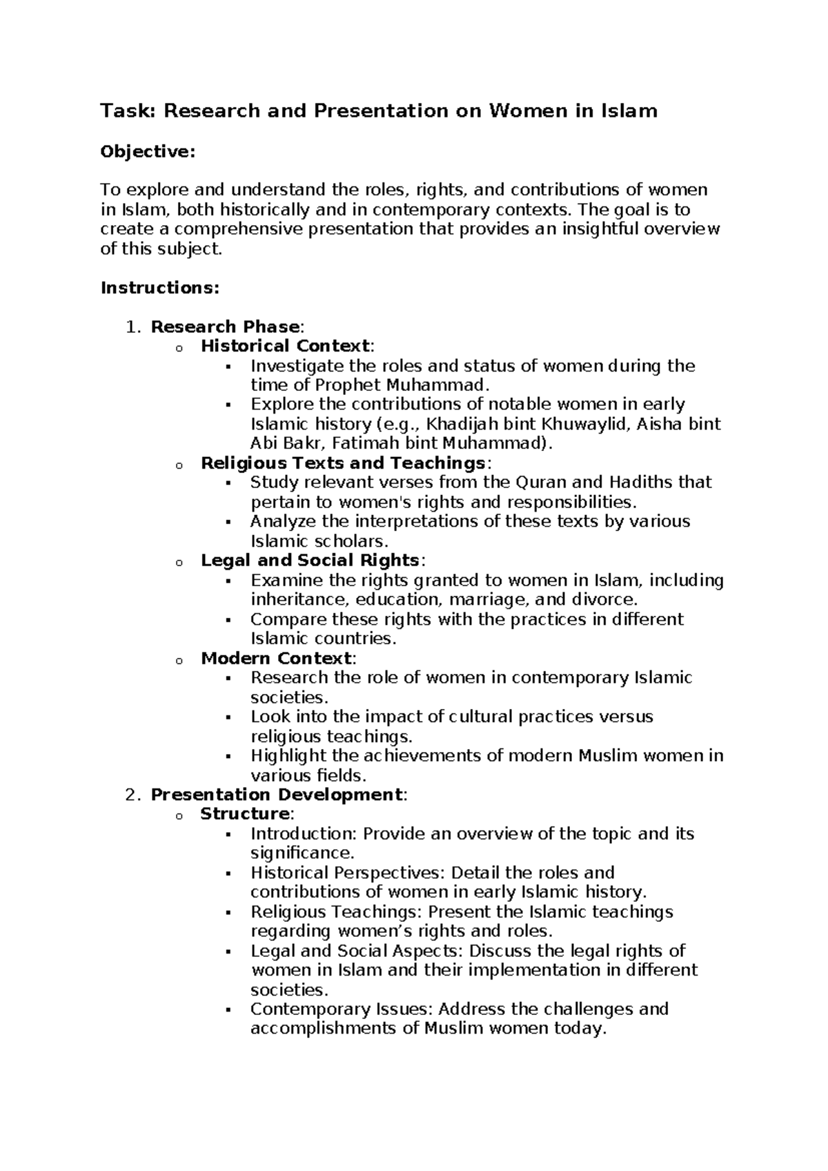 Women in Islam Task - Task: Research and Presentation on Women in Islam ...