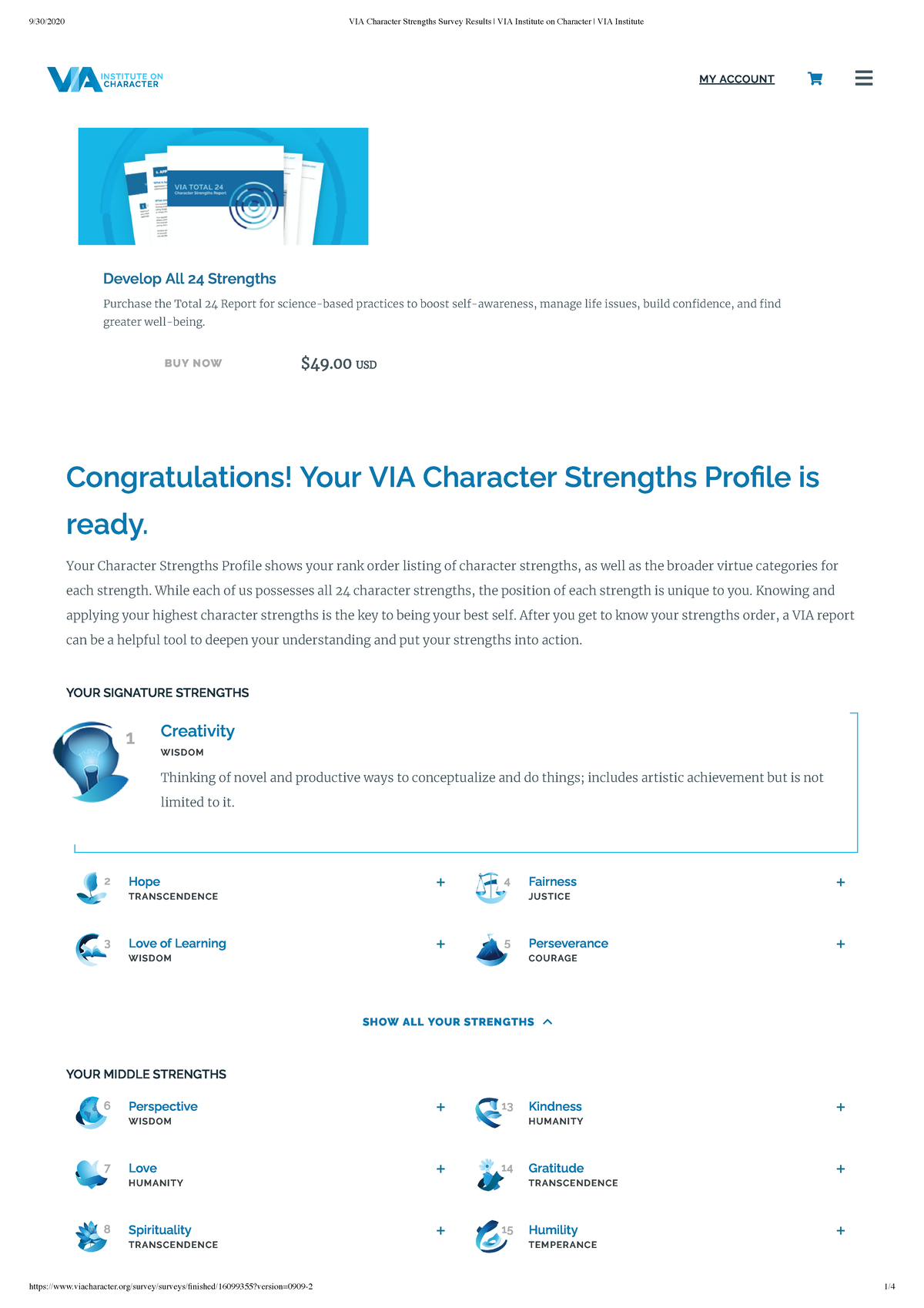 My VIA Strengths - Strength Assessment - Congratulations! Your VIA ...