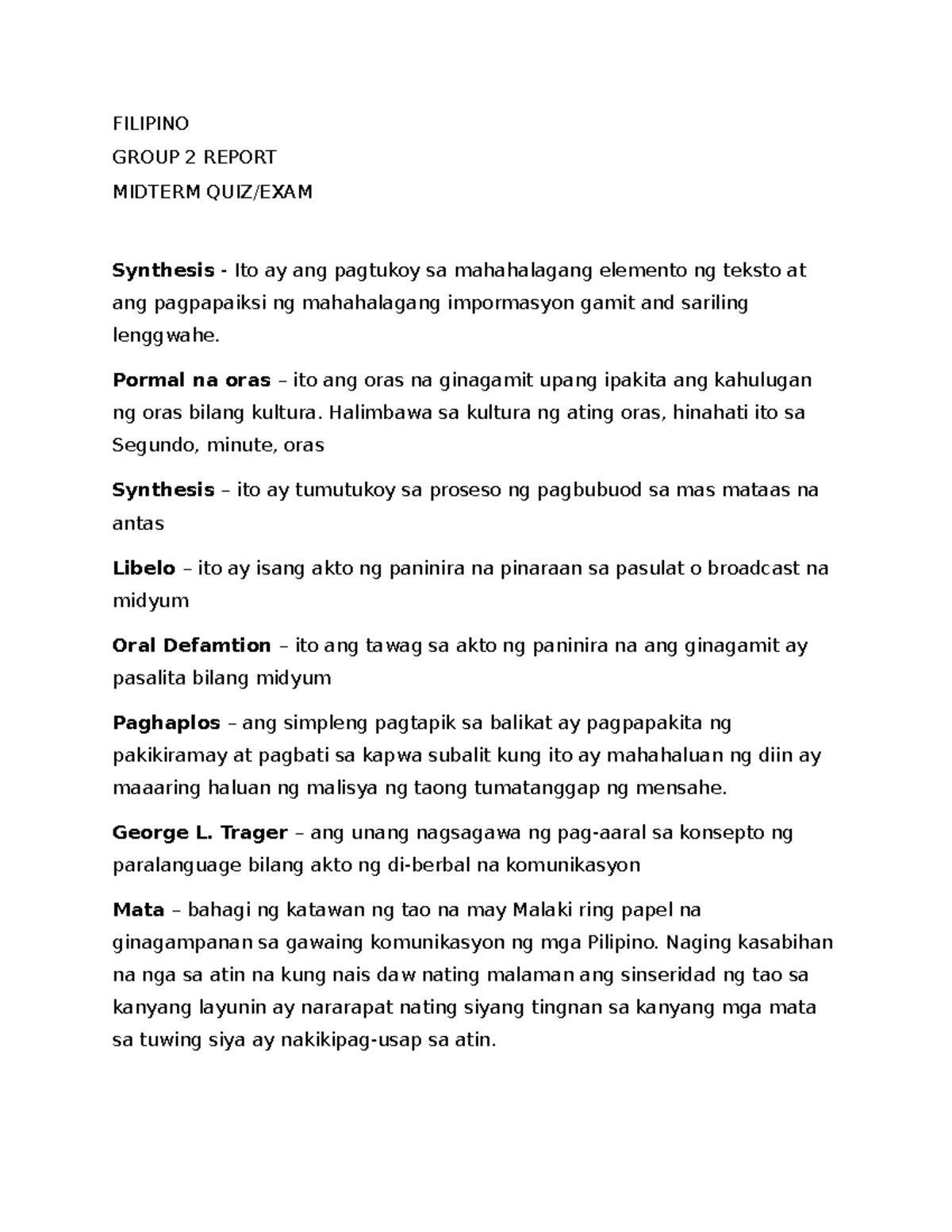 Midterm Reviewer - FILIPINO GROUP 2 REPORT MIDTERM QUIZ/EXAM Synthesis ...