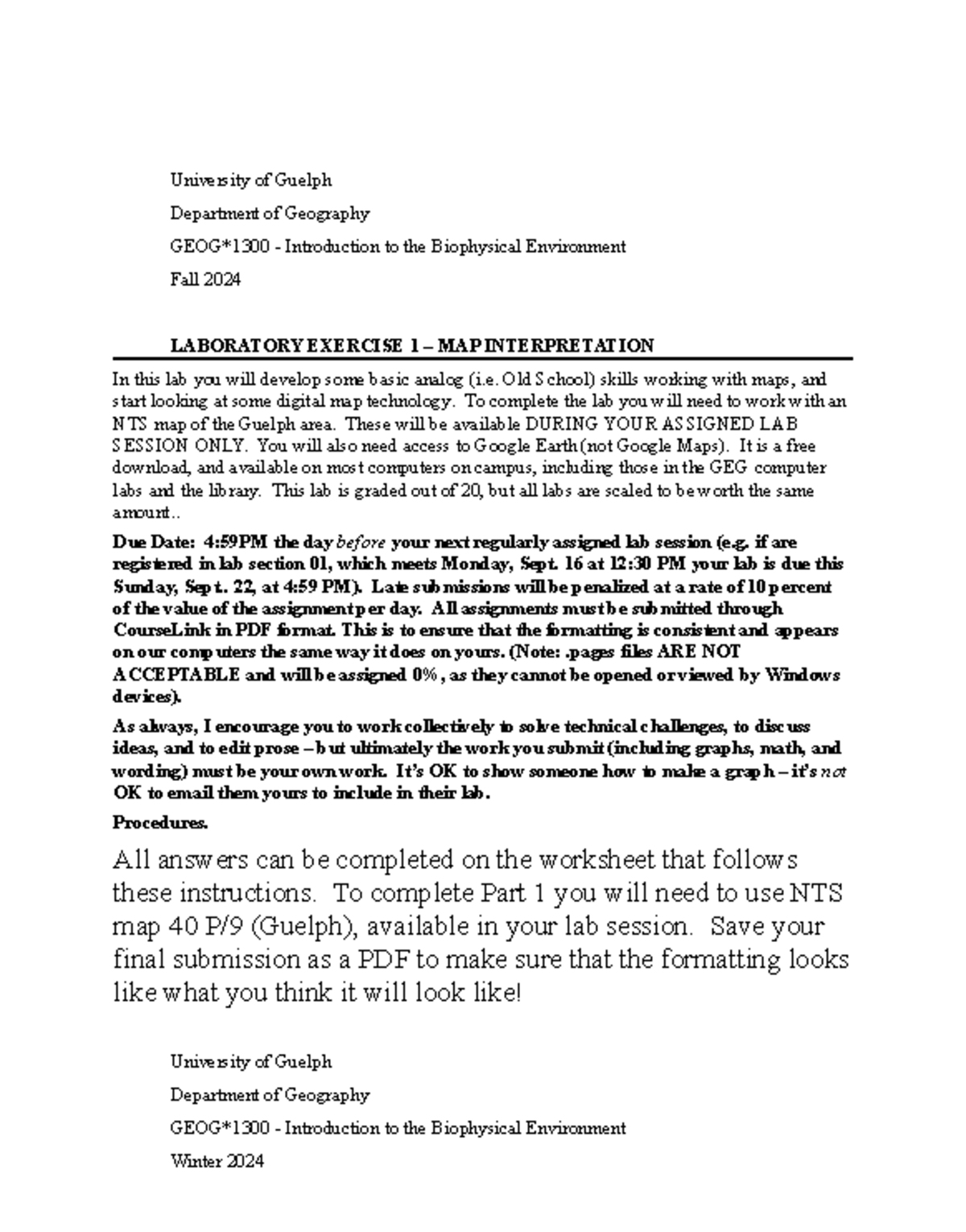 Lab 1 - Mandatory lab - University of Guelph Department of Geography GEOG*1300 - Introduction to ...