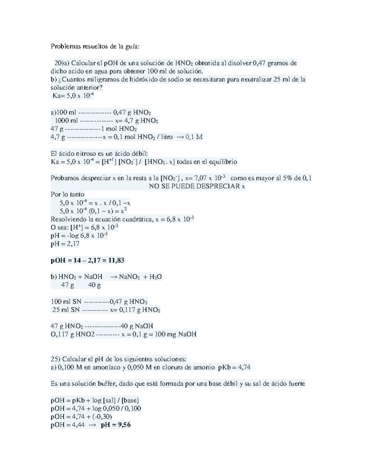 Problemas resueltos guía Unnoba - Problemas resueltos de la guía: 20)a) Calcular el pOH de una ...