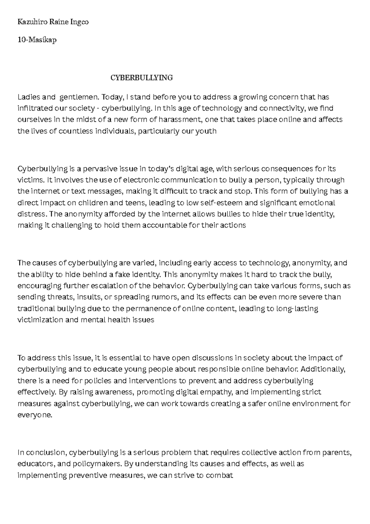 Cyberbullying - Essay in english - Kazuhiro Raine Ingco 10-Masikap ...