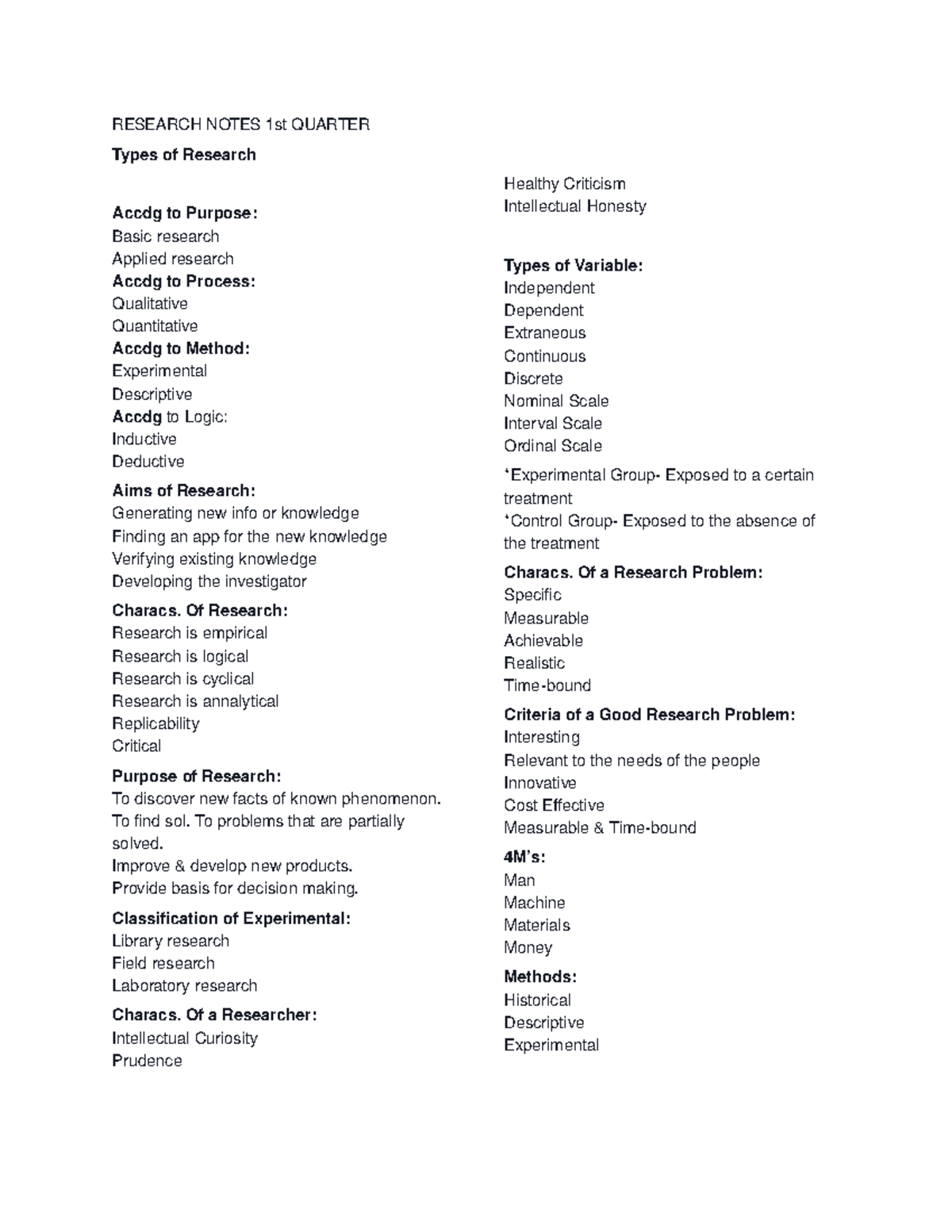 Research Notes 1st Quarter - RESEARCH NOTES 1st QUARTER Types of ...