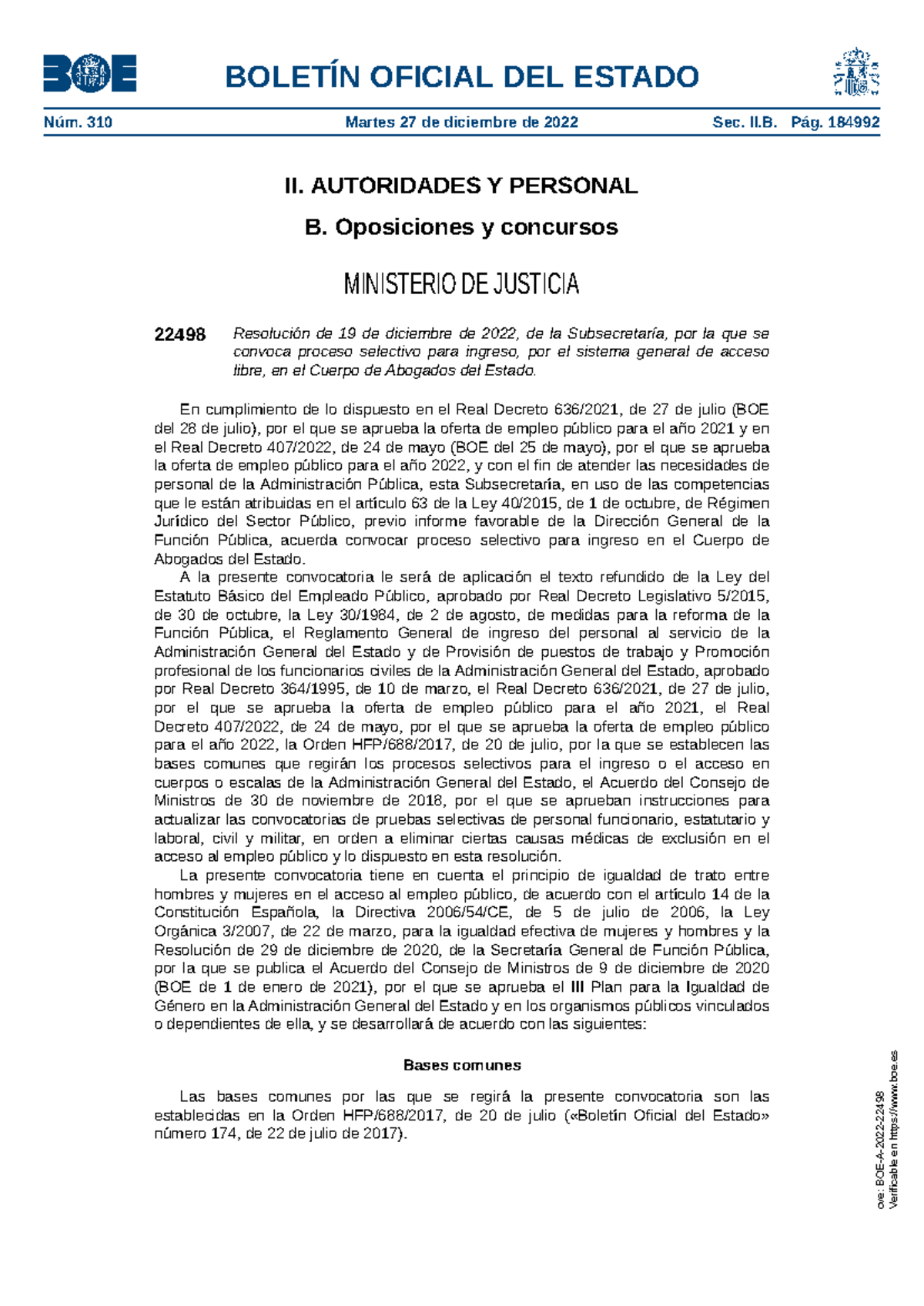 BOE A 2022 22498 - Informe BOE - II. AUTORIDADES Y PERSONAL B ...