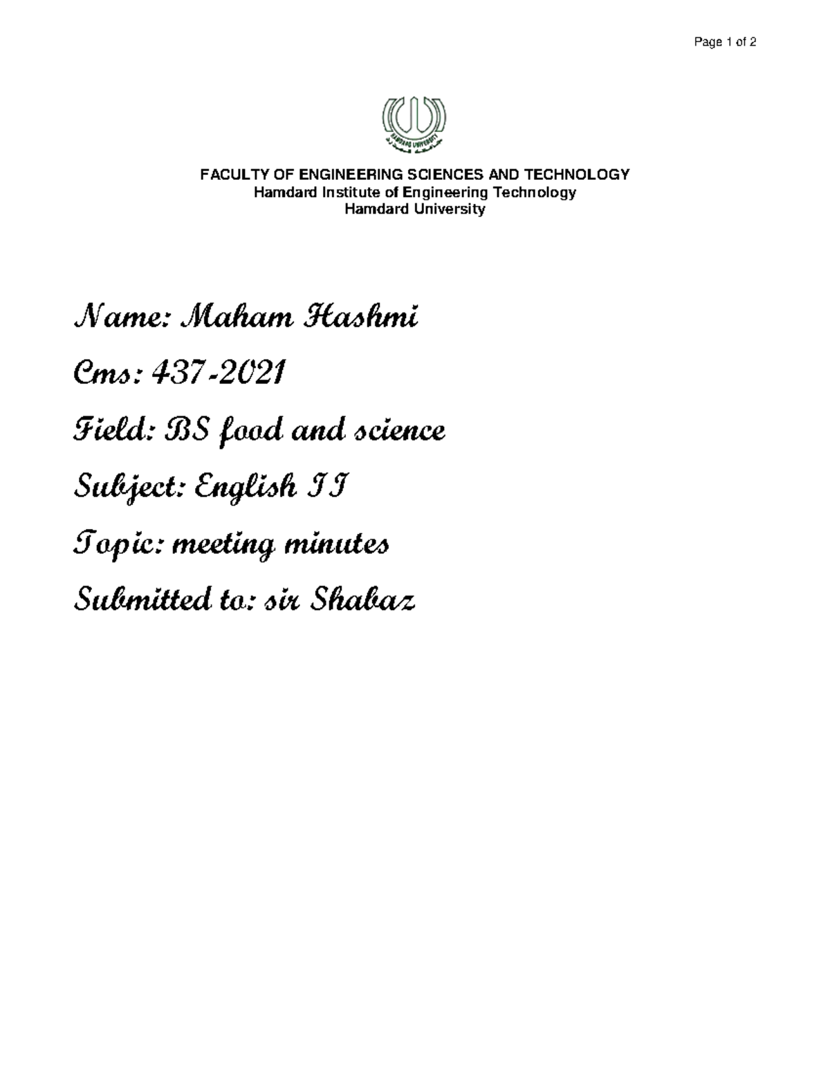 Meeting Minutes 1 - Learning material - Page 1 of 2 FACULTY OF ...