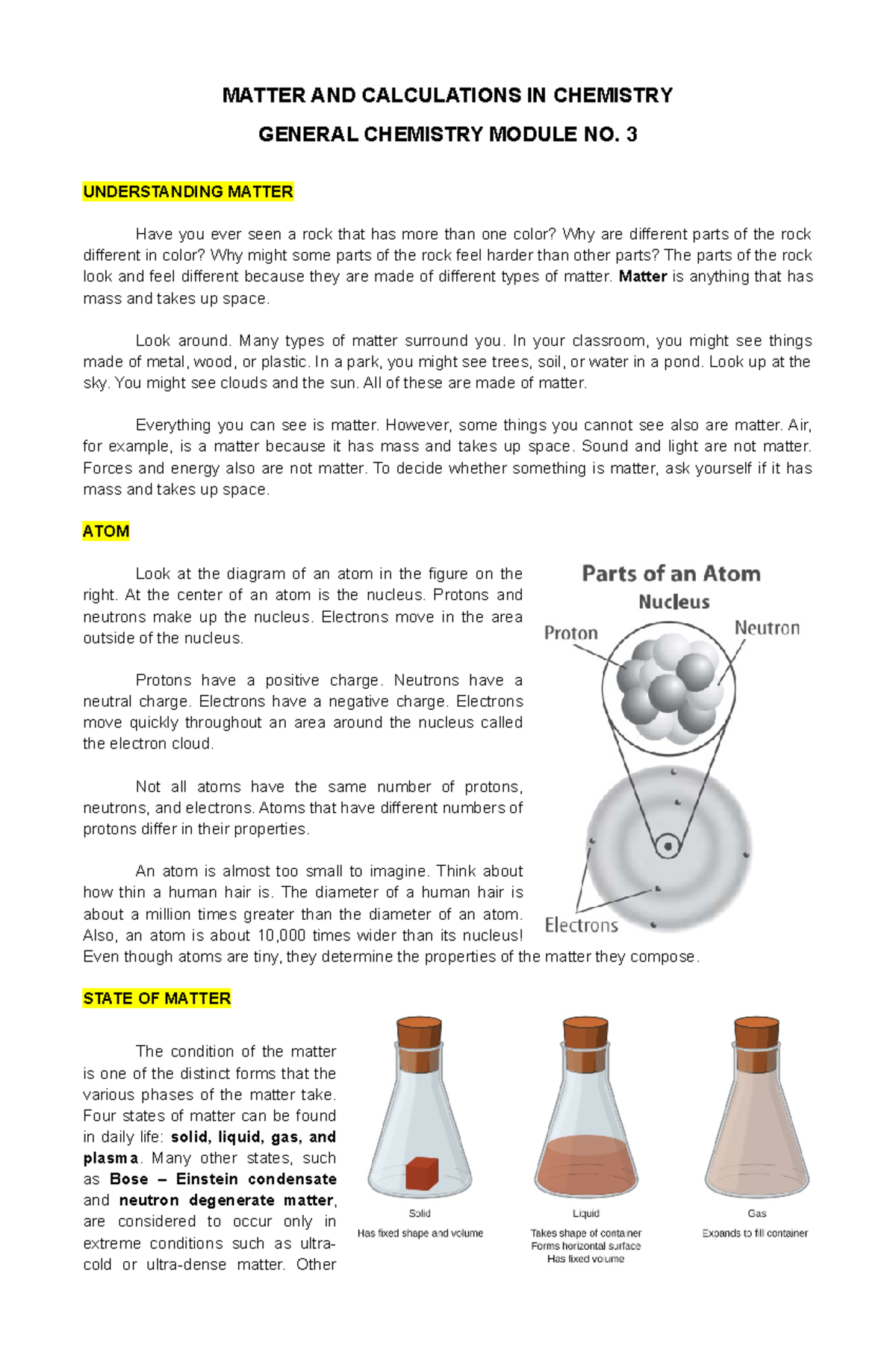 Module No. 3 - Matter and Calculations in Chemistry - MATTER AND ...