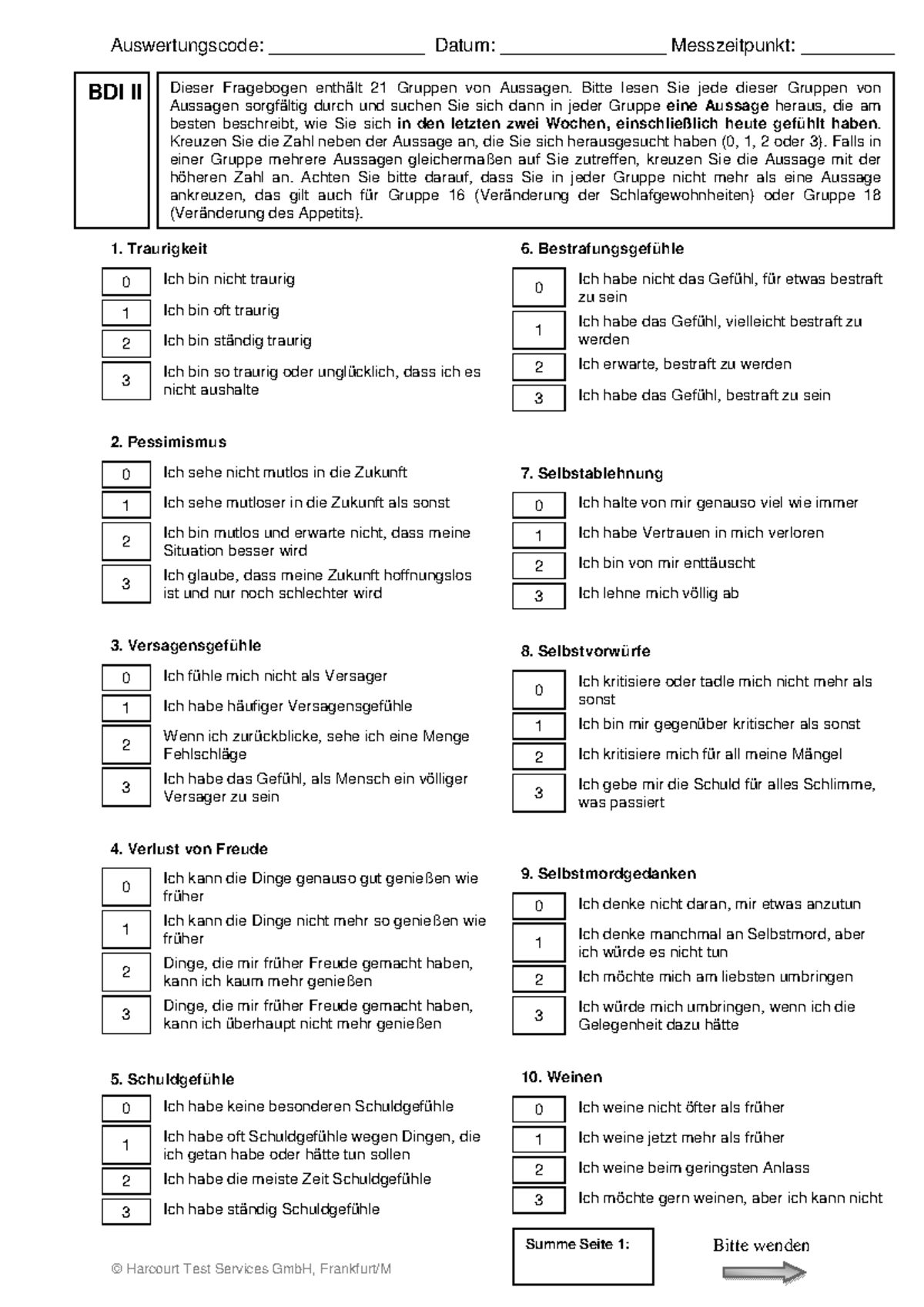 BDI II - Störungslehre - Auswertungscode: _______________ Datum ...