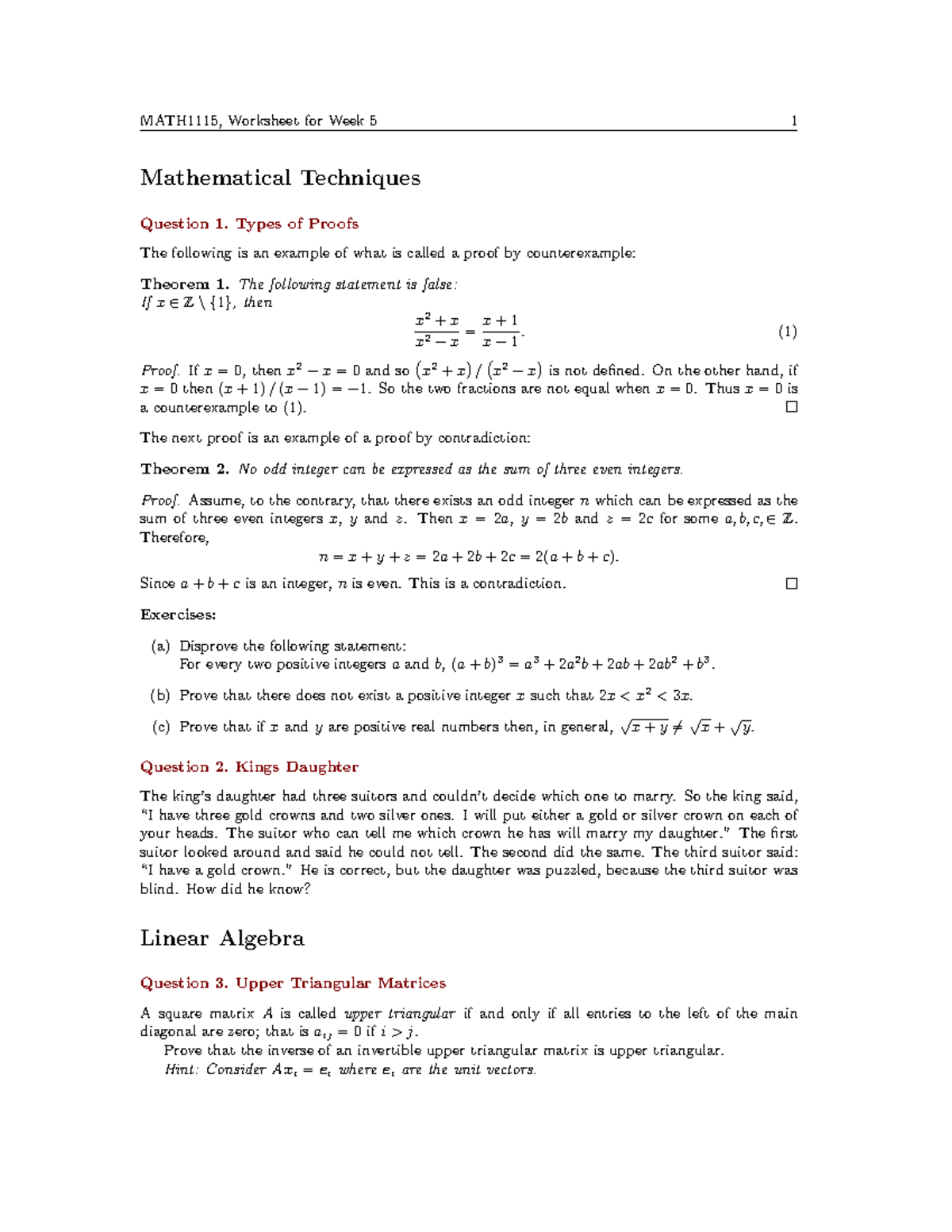Workshop Worksheet Week 5 - MATH1115, Worksheet for Week 5 1 ...