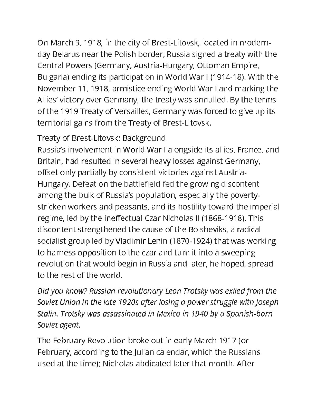 Treaties of Brest-Litovsk Notes - On March 3, 1918, in the city of ...