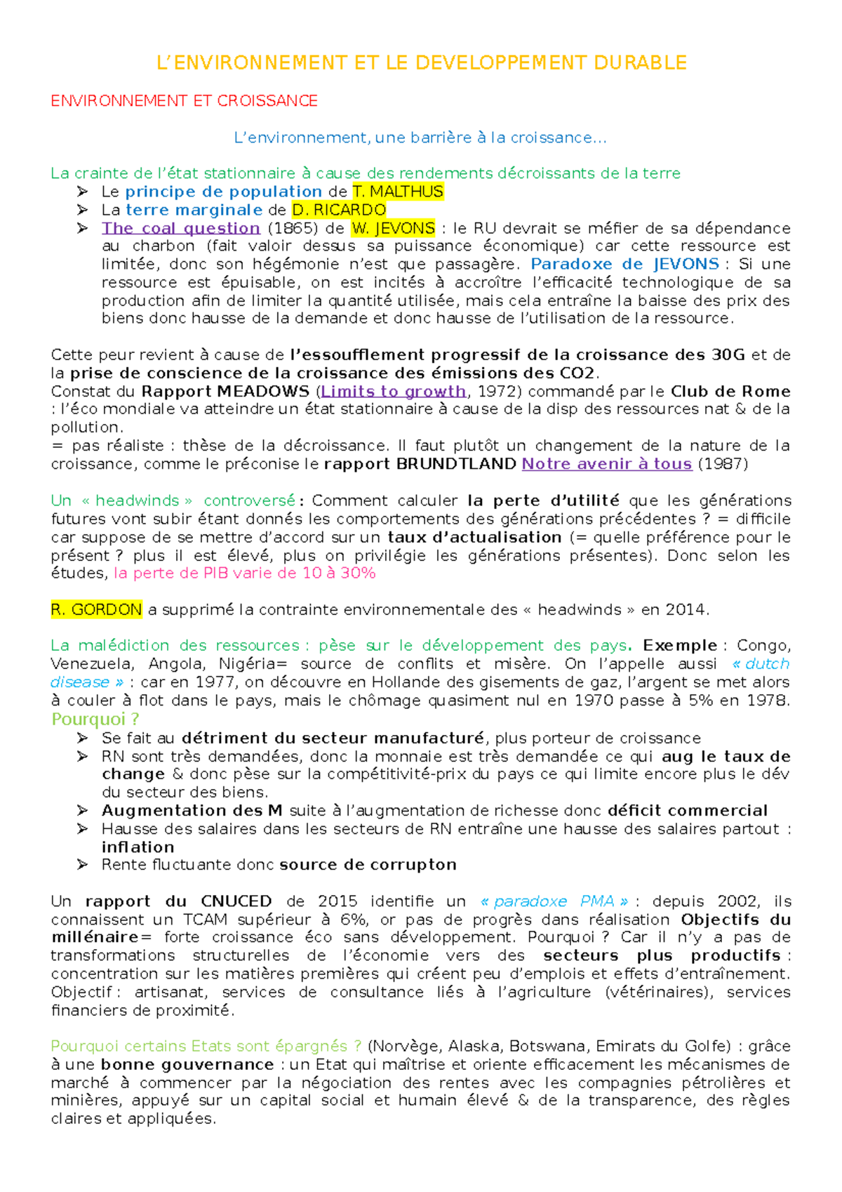 Environnement - Notes de cours 5 - L’ENVIRONNEMENT ET LE DEVELOPPEMENT ...