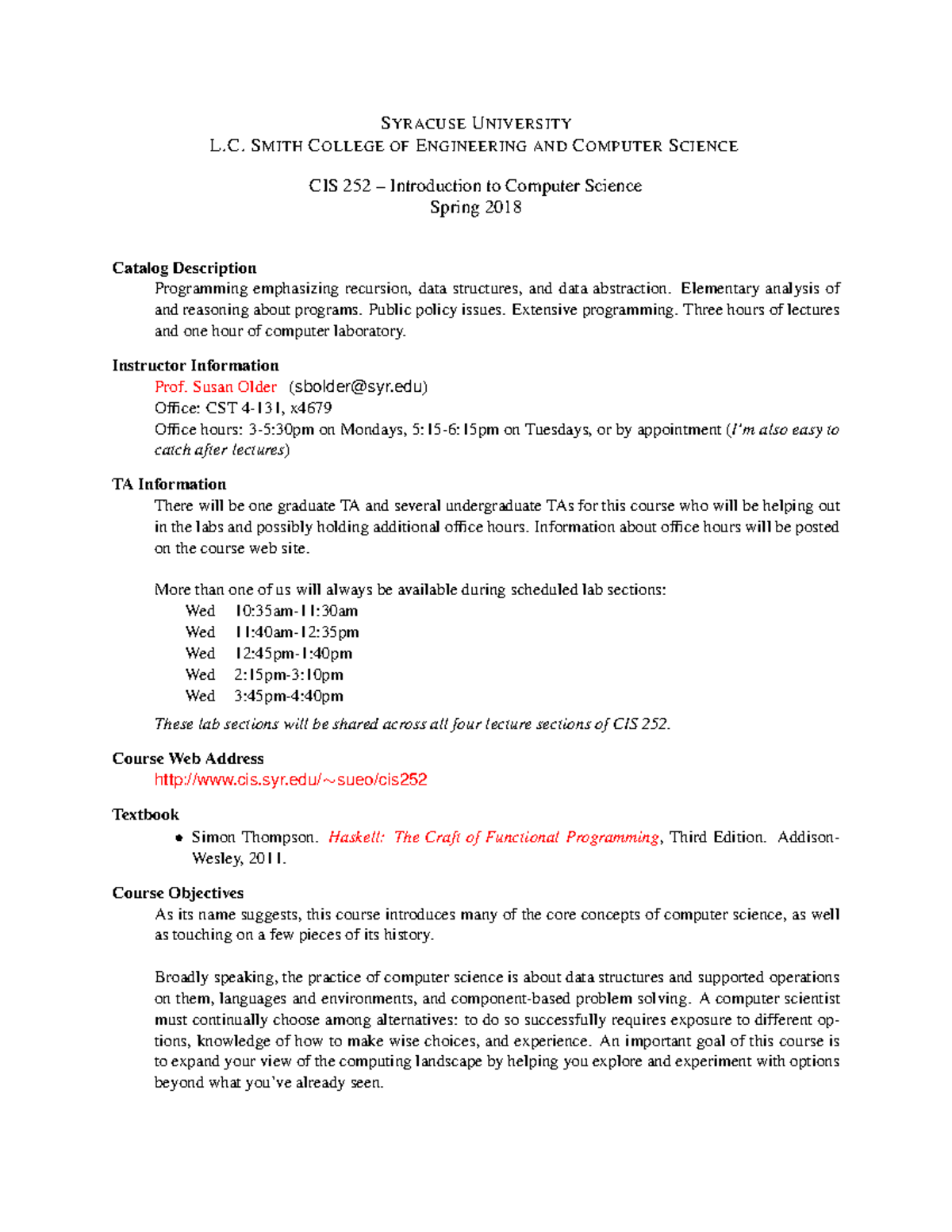 CIS 252 Intro to Comp Sci - SYRACUSEUNIVERSITY L. SMITHCOLLEGE OFENGINEERING ANDCOMPUTERSCIENCE ...