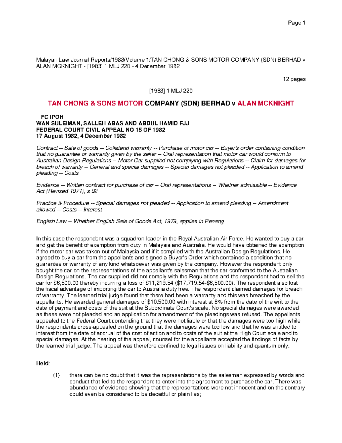 TAN Chong & SONS Motor Company (SDN) Berhad - Law of Contract II - UiTM ...