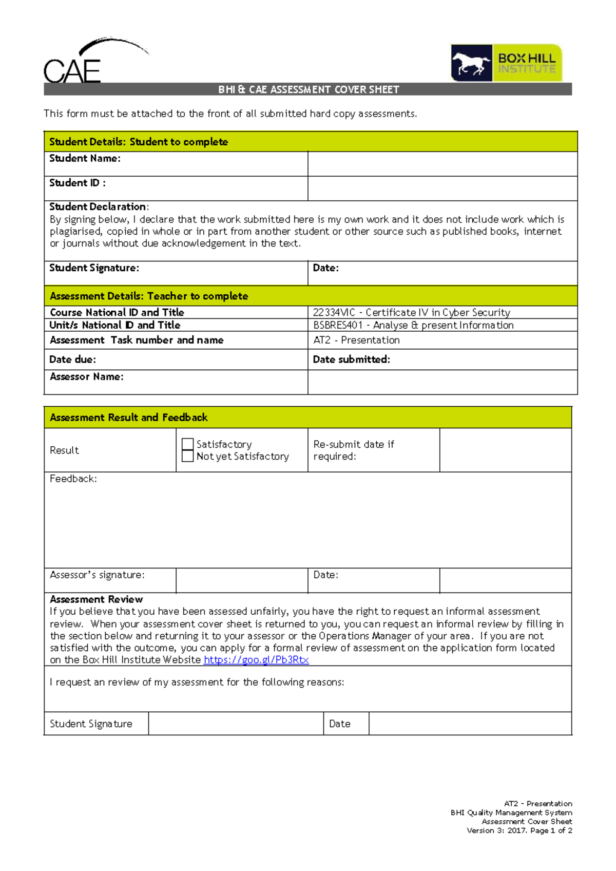 AT2 - Presentation Bsbres 401 - BHI & CAE ASSESSMENT COVER SHEET This ...