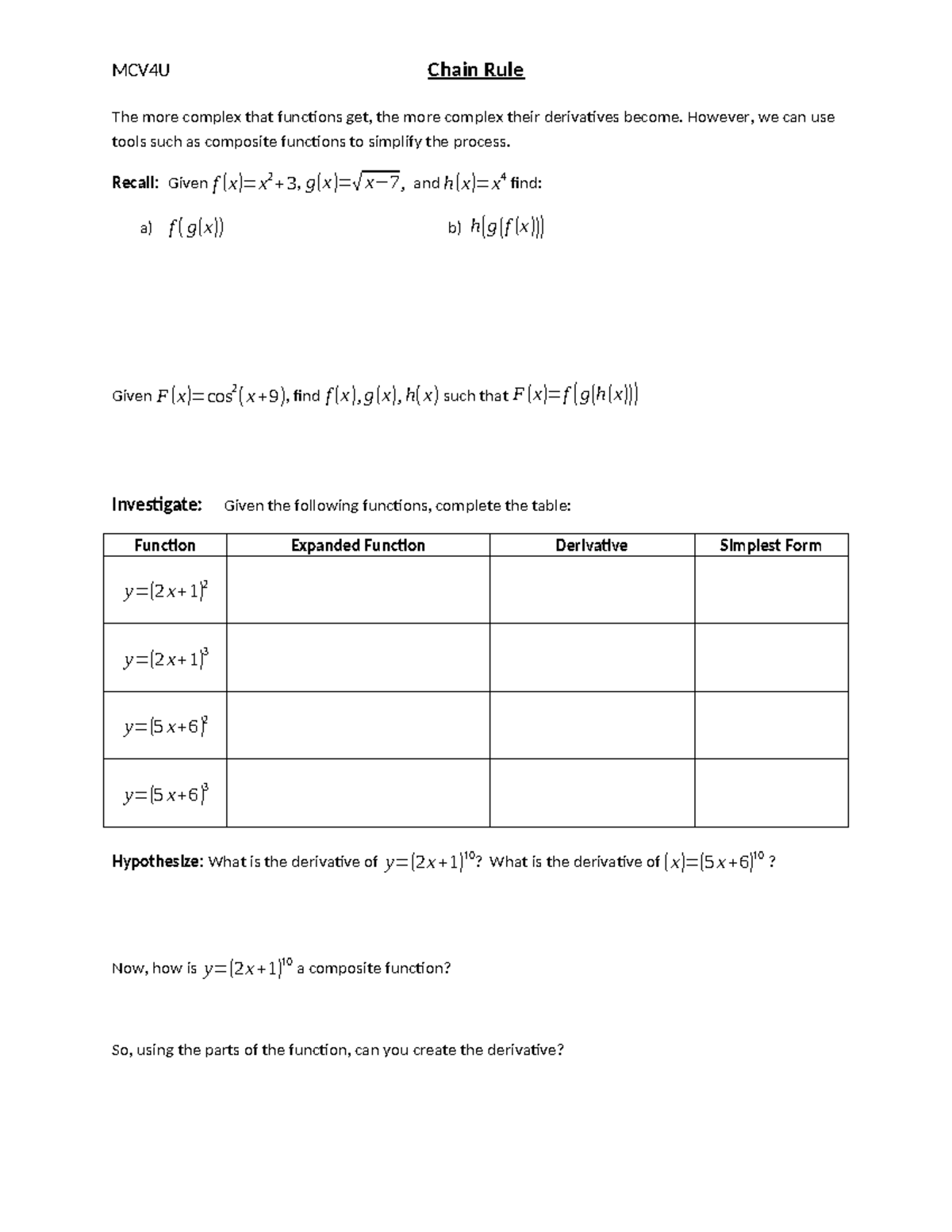 Lesson 4 chain rule1 - MCV4U Chain Rule The more complex that functions ...