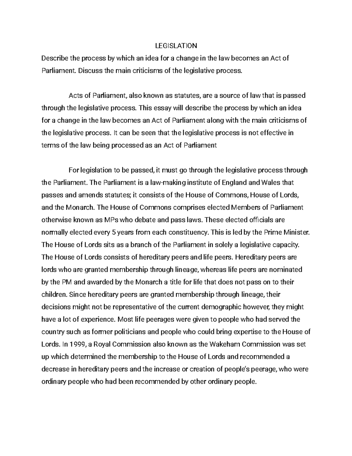 Legislation - LEGISLATION Describe the process by which an idea for a ...