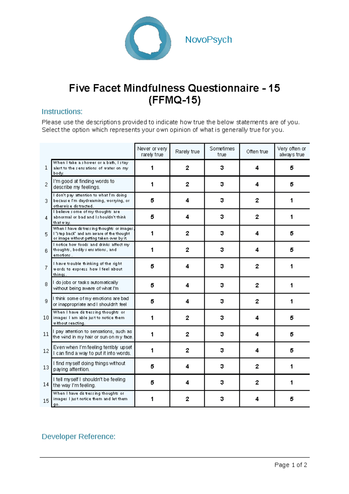 Five Facet Mindfulness Questionnaire - 15 Mindfulness Questionnaire ...