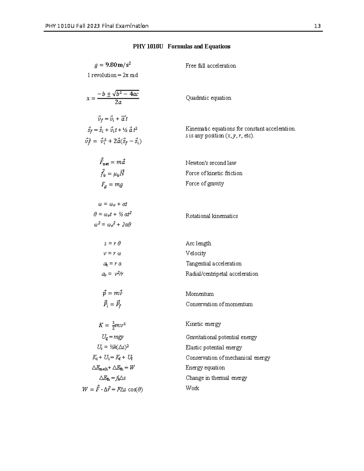Final exam formula sheet B - PHY 1010U Fall 2023 Final Examination 13 PHY 1010U Formulas and ...