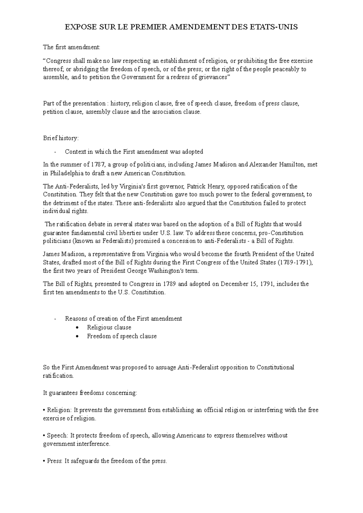 The first amendment - EXPOSE SUR LE PREMIER AMENDEMENT DES ETATS-UNIS ...