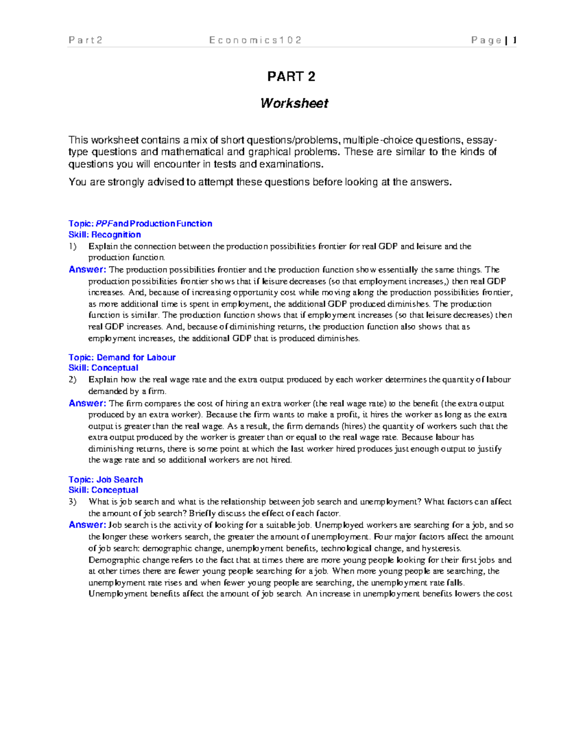 Econ102 part2 worksheet[ 98] - PART 2 Worksheet This worksheet contains a mix of short - Studocu