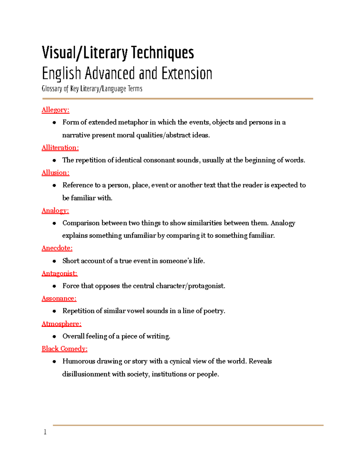 English Advanced and Extension Visual/Literary Techniques Comprehensive ...