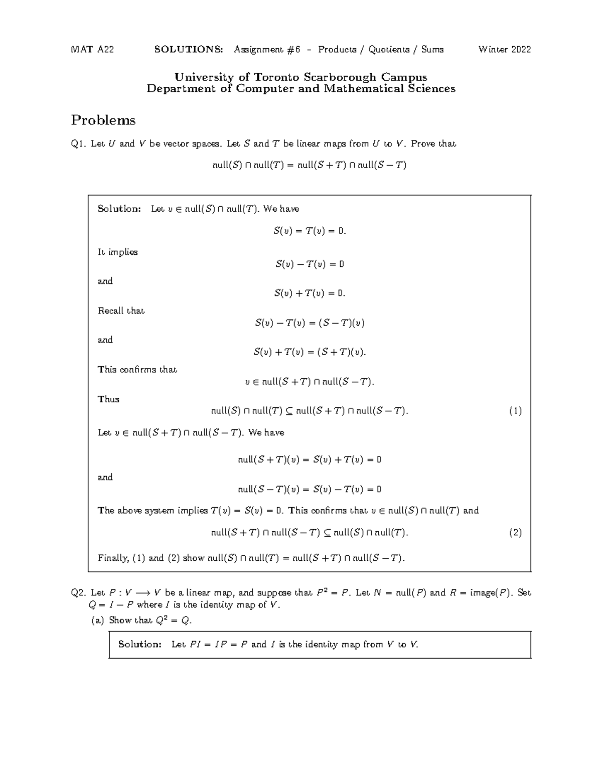 Mat a22 assignment 6 Solutions - MAT A22 SOLUTIONS: Assignment #6 ...