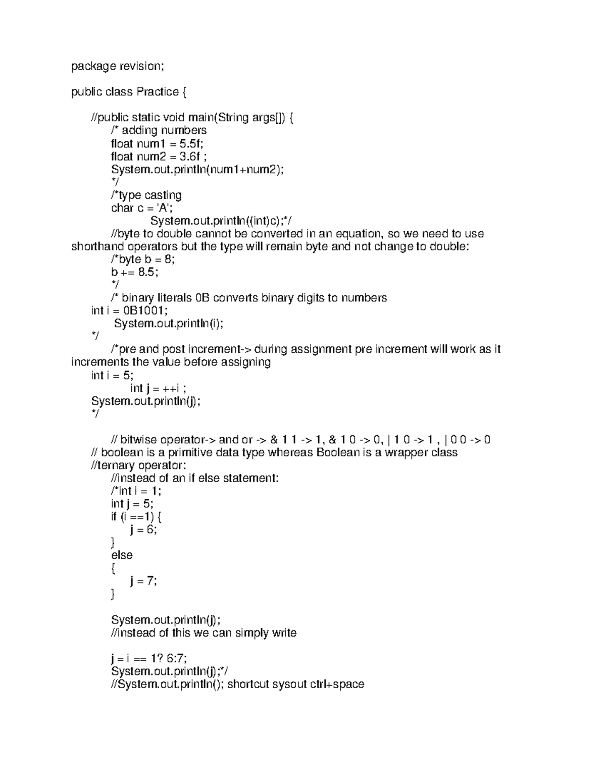 Practice - out(num1+num2); */ /type casting char c = 'A'; System.out ...