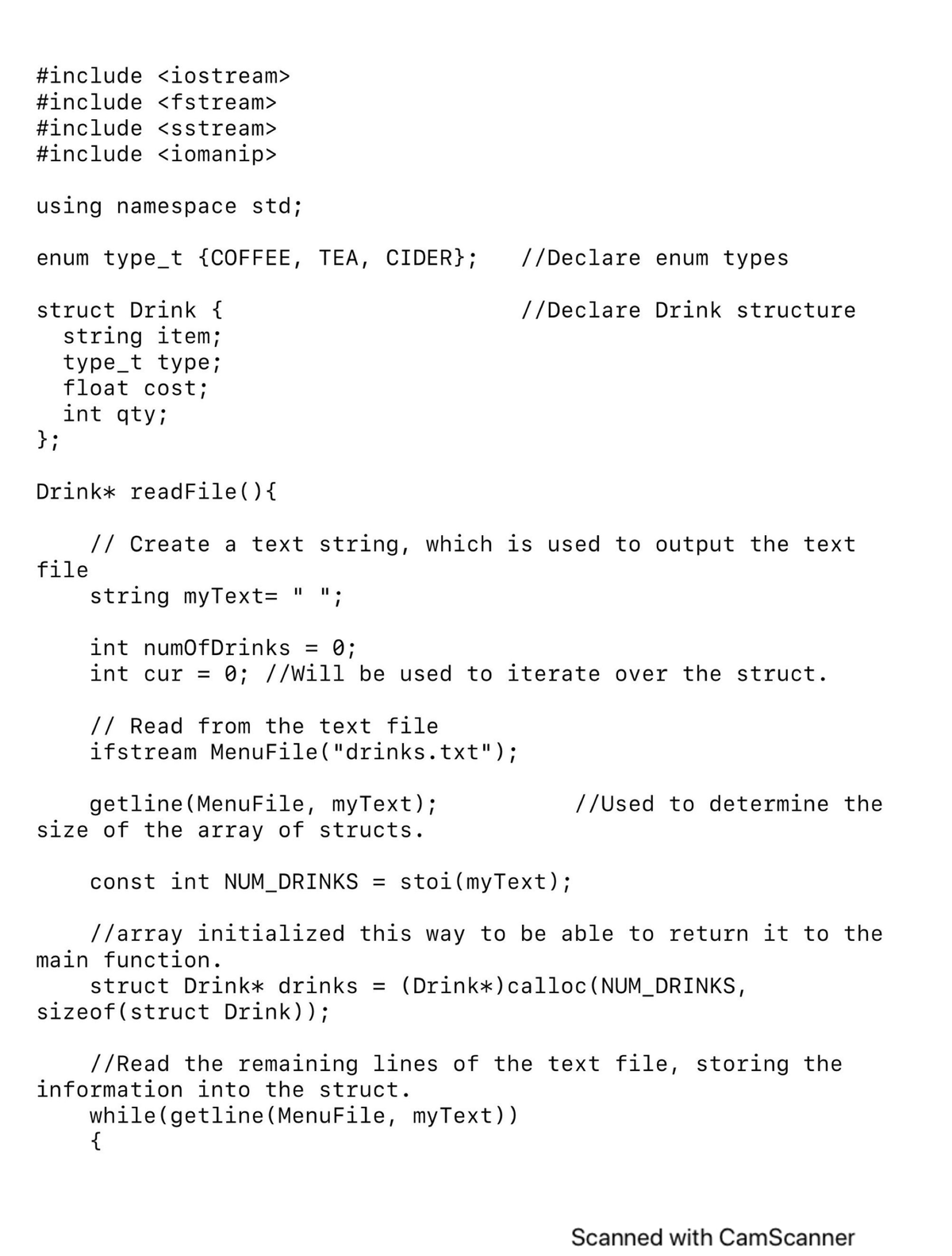 Example Program 6 - using namespace enum type_ t TEA, enum types struct Drink Drink structure ...