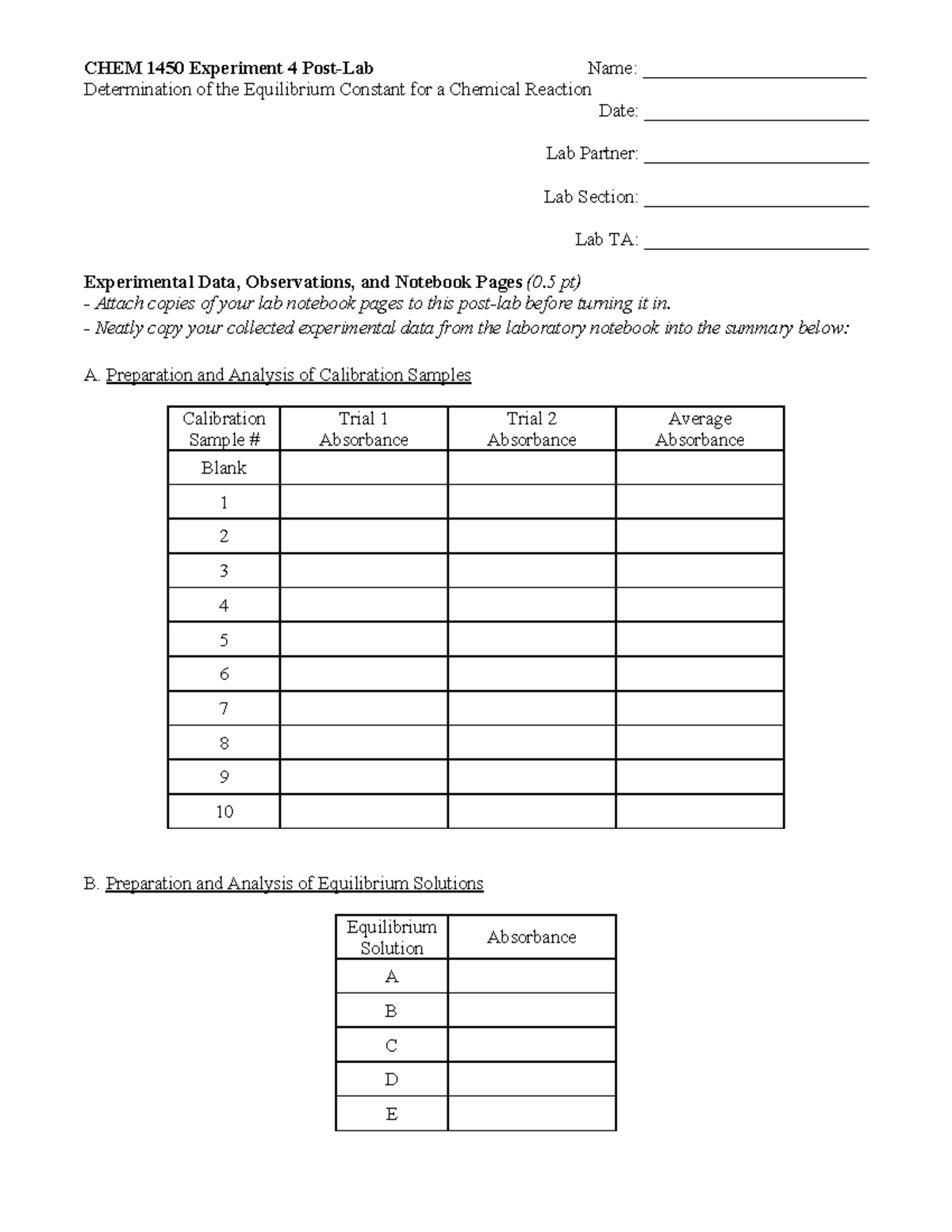 Exp 4 procedure - CHEM 1450 Experiment 4 Post-Lab Name: ________________________ Determination ...