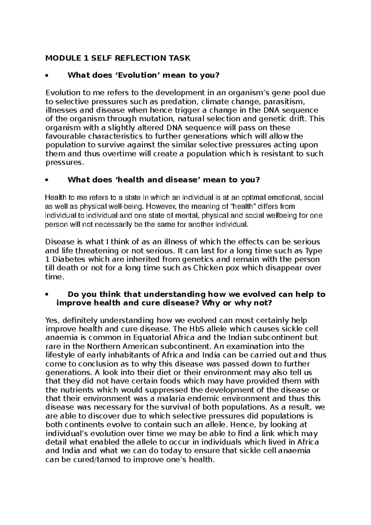 Module 1 SELF Reflection TASK - MODULE 1 SELF REFLECTION TASK What does ...