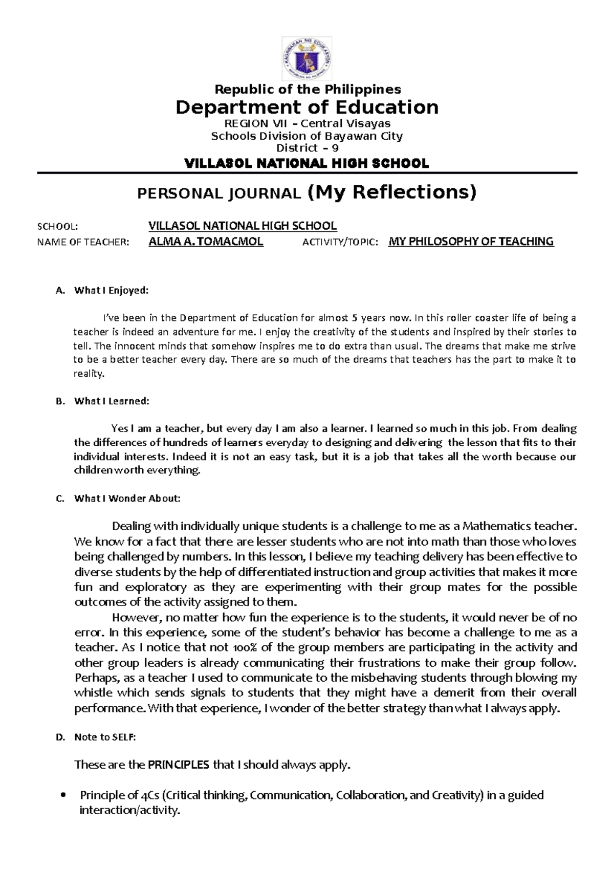 Reflection Philosopy of Teaching - Republic of the Philippines ...