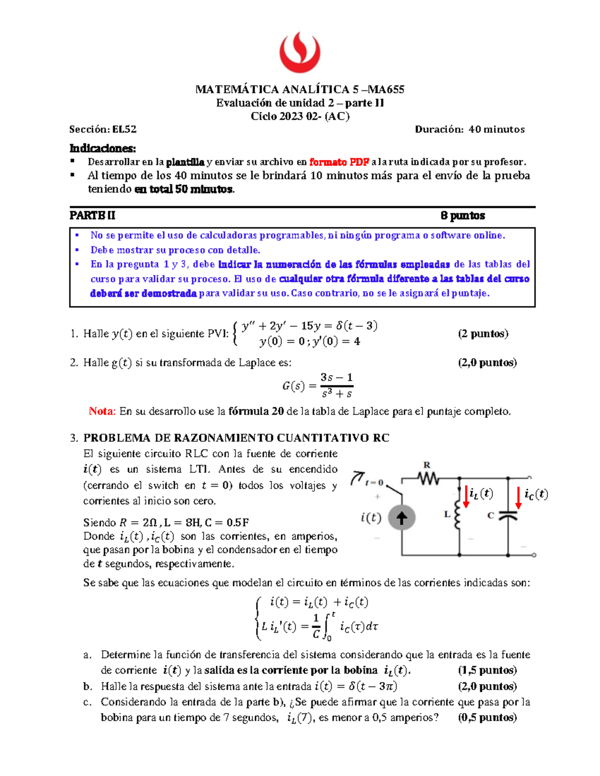 EU2 EL52 2023 02 - Evaluación de la unidad 2 - MATEMÁTICA ANALÍTICA 5 ...