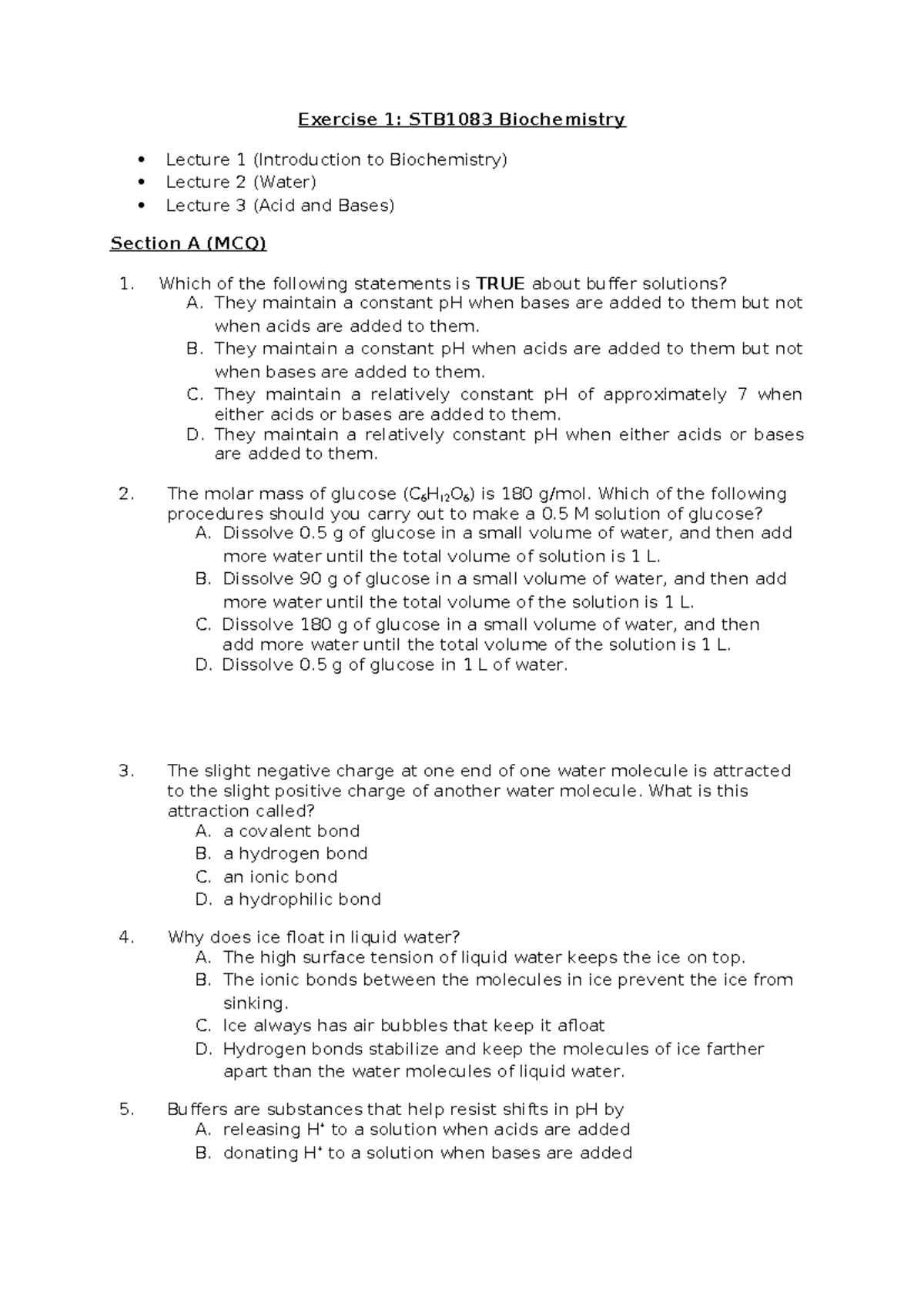 Biochemistry exercise 1 lu1,2,3 - Exercise 1: STB1083 Biochemistry ...