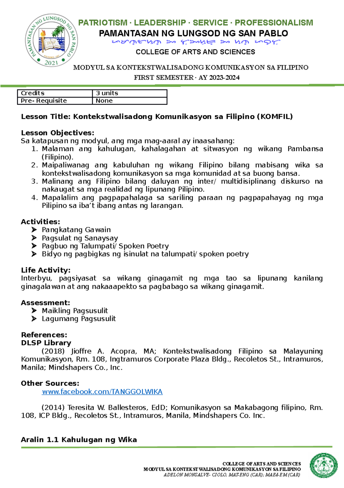 Komfil- Module-2023-2024 - Credits 3 units Pre- Requisite None Lesson ...