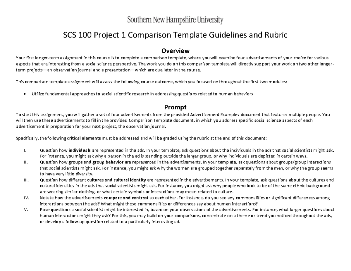 Project 1 Comparison Template Guidelines and Rubric - The work you do ...