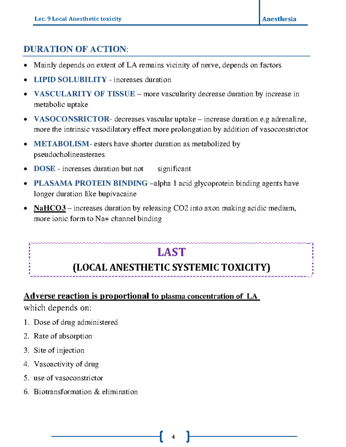 Local anethetic systemic toxicity - DURATION OF ACTION: Mainly depends ...