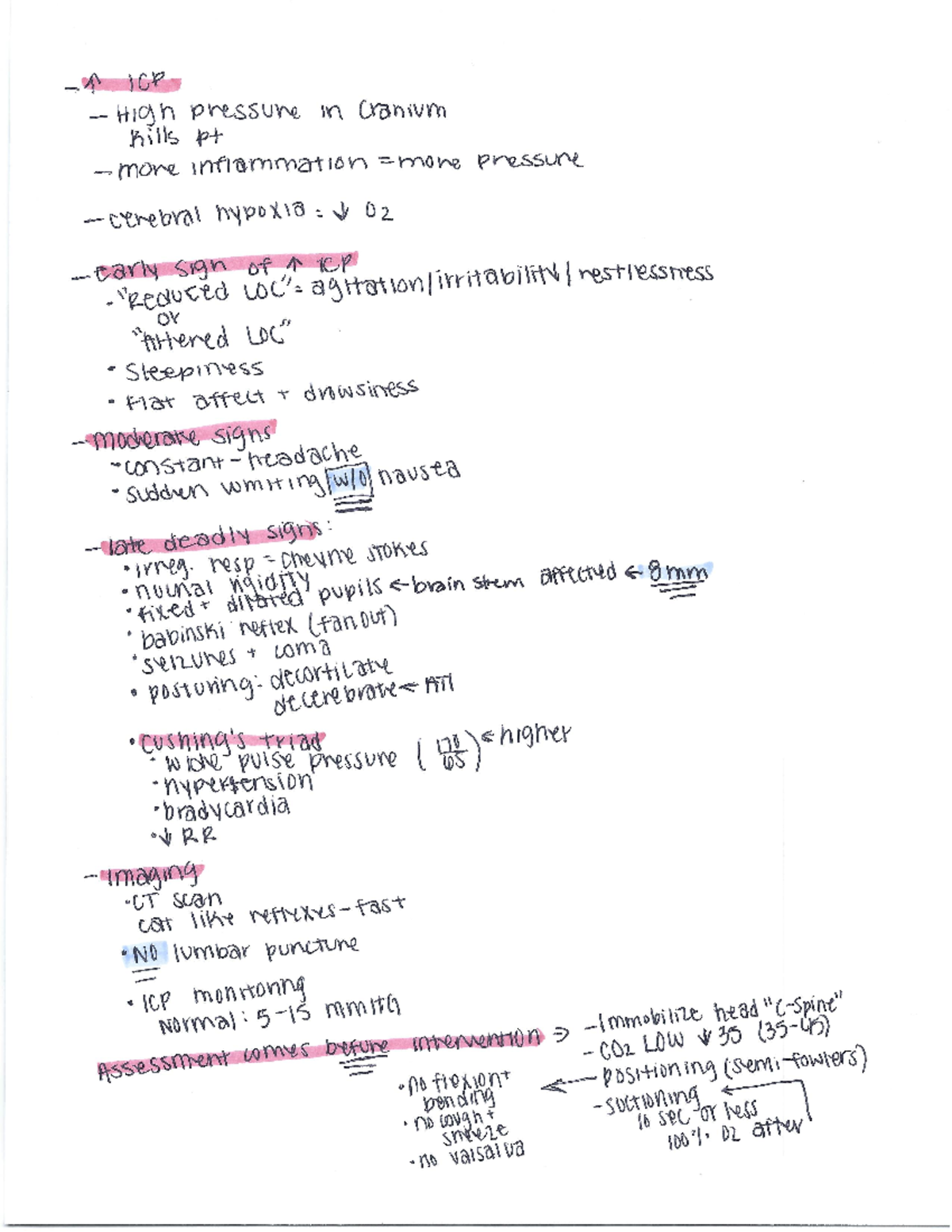 Study guide - notes - ICP High pressure in Cranium kills pt ...