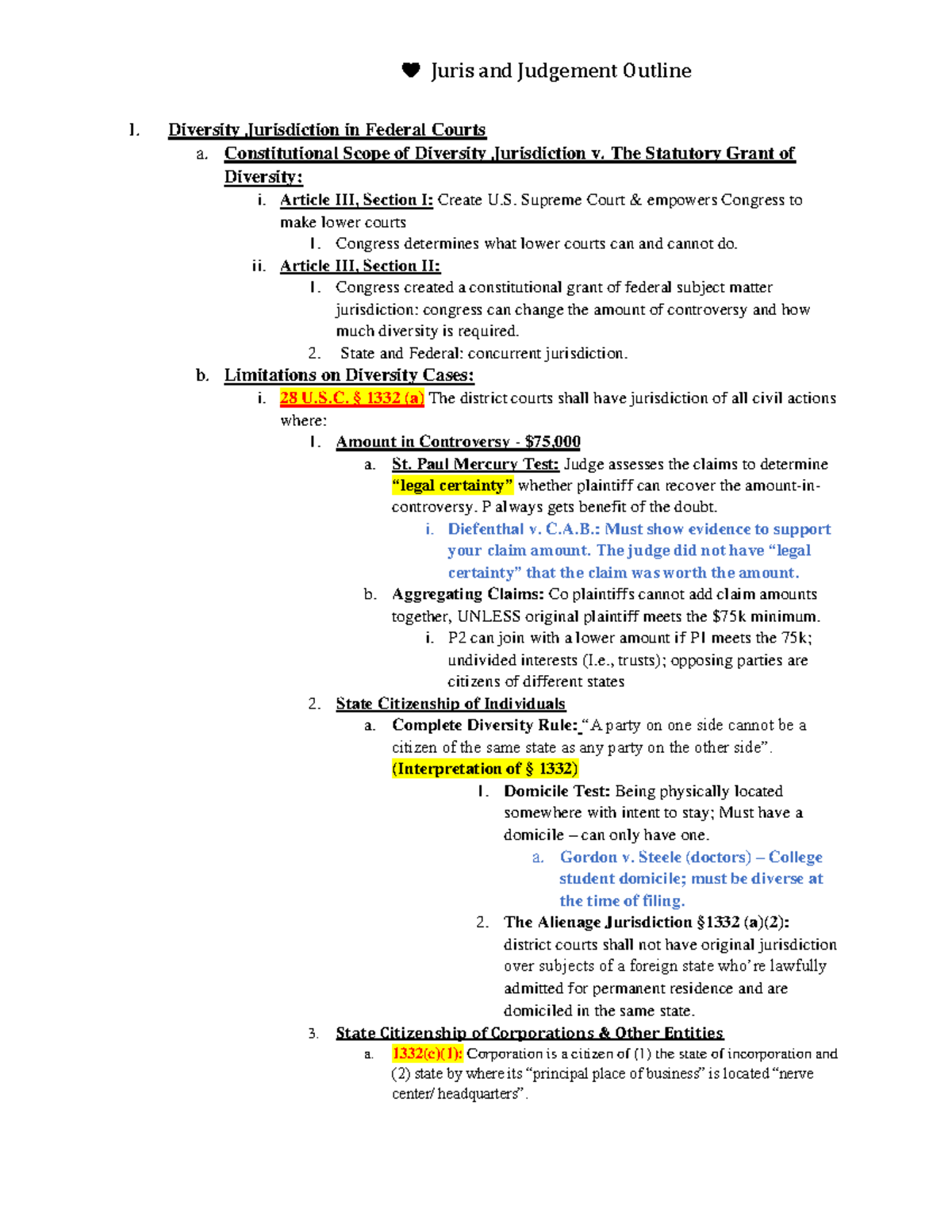 SMJ Outline for Civ - Juris and Judgement Outline I. Diversity ...