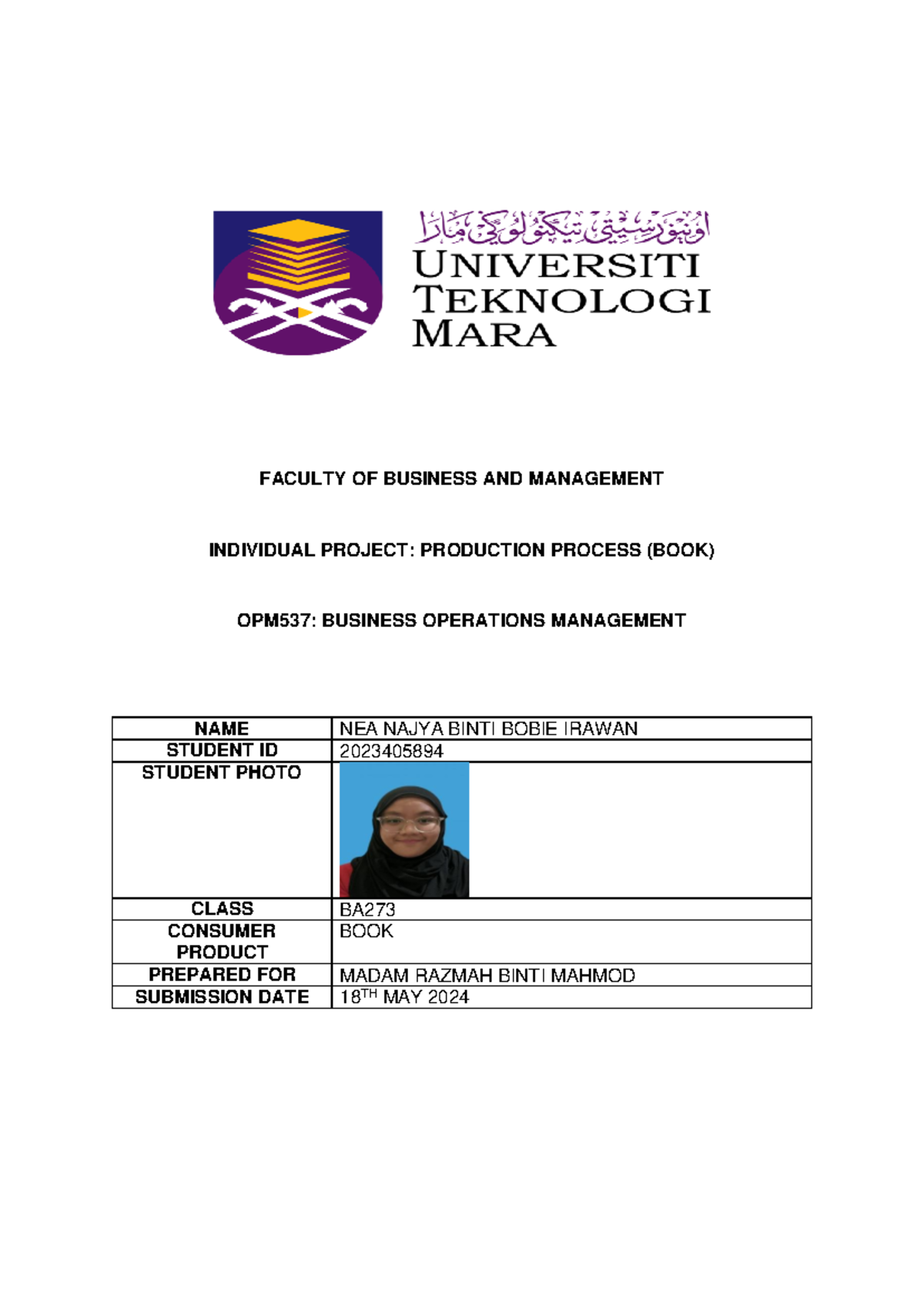 OPM Individual Project - FACULTY OF BUSINESS AND MANAGEMENT INDIVIDUAL ...