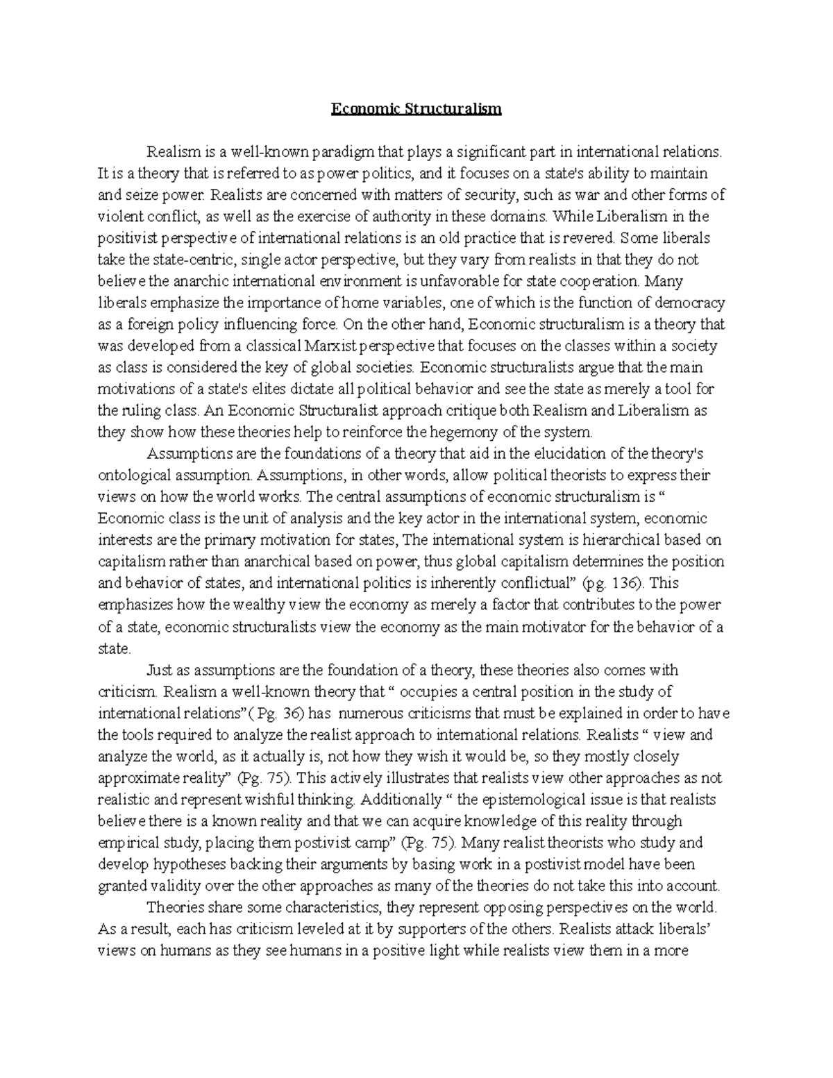 Chapter Analysis 4 - Economic Structuralism Realism is a well-known ...